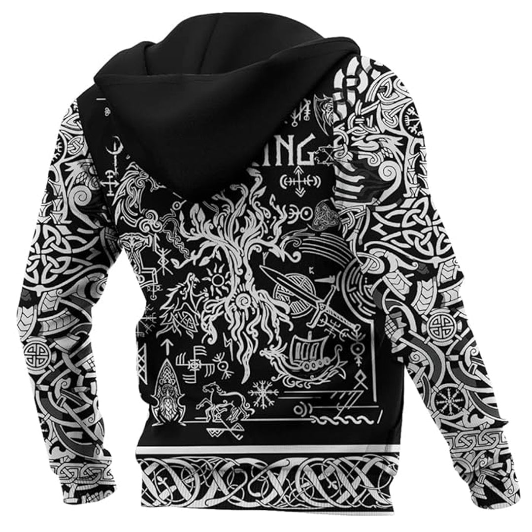 Viking Style Pullover Hoodie - Yggdrasil Tattoo Black and White A35