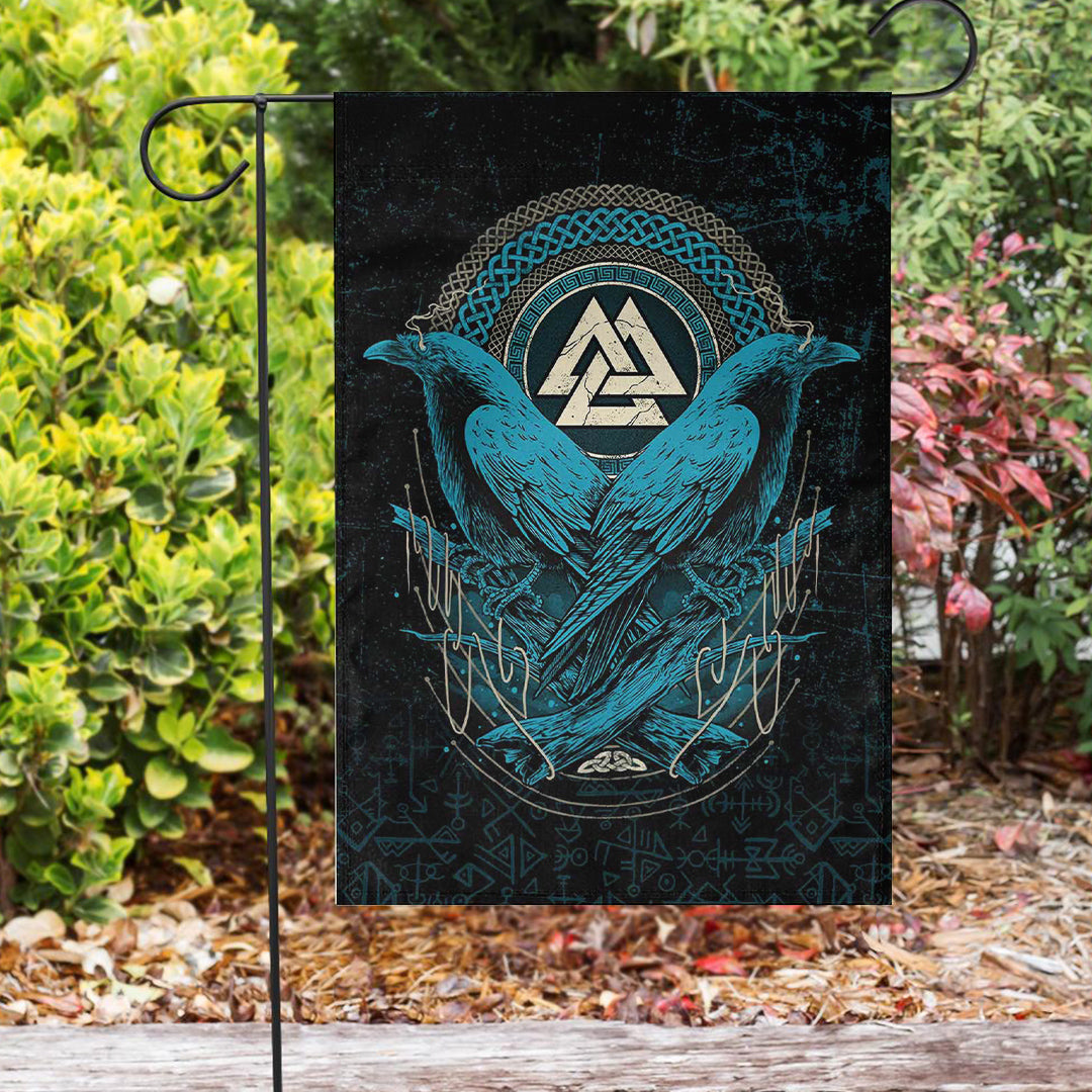 VikingStyle Garden Flag - Huginn and Muninn Valknut Cyan Style Flag A3 ...