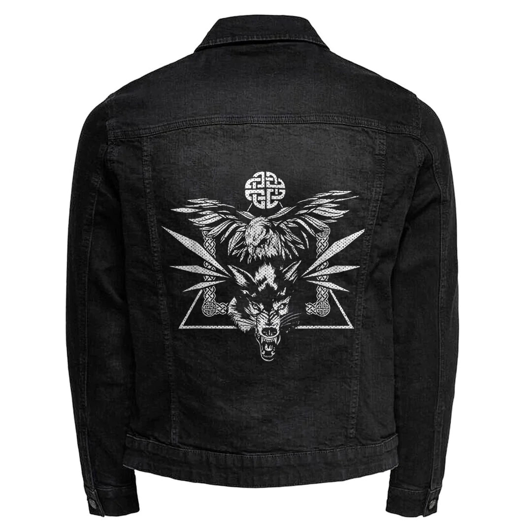 Viking Style Denim Jacket - Norse Mythology with viking wolf and vikin