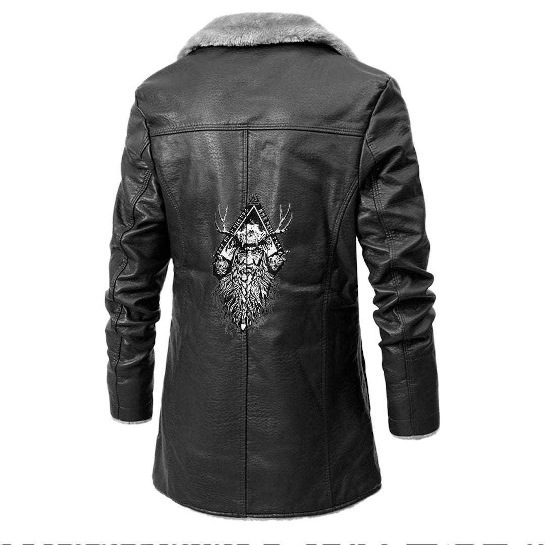 Viking Style Long Leather Jacket - Raven And Yggdrasil Tree Cool Vikin