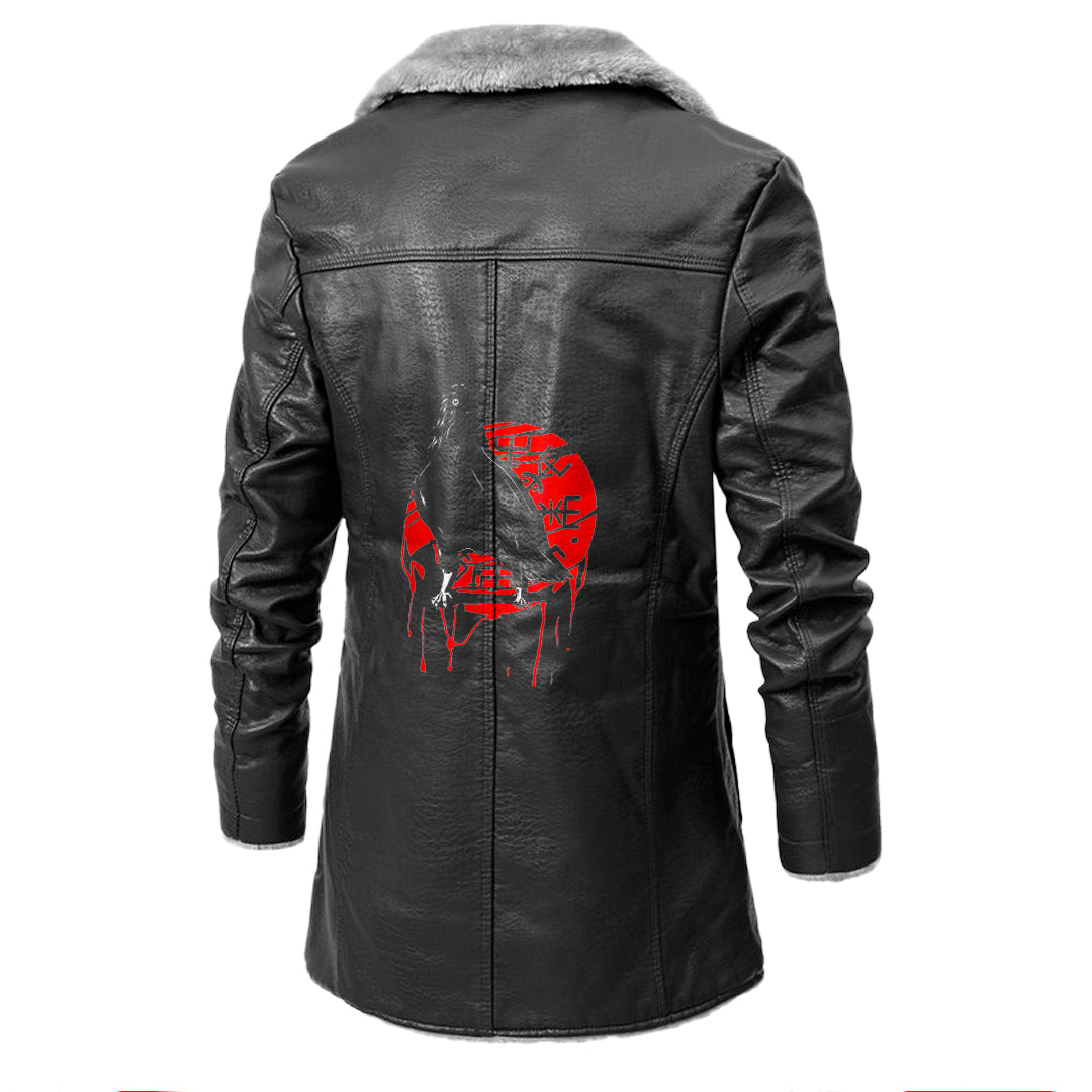 Viking Style Long Leather Jacket - Raven Nordic Mythology Viking Warri