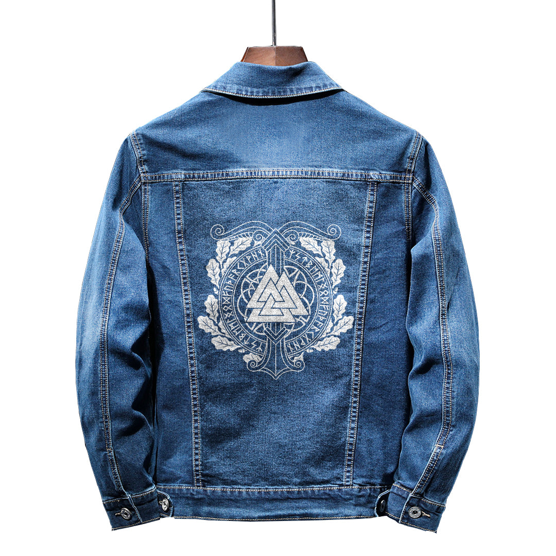 Viking Style Denim Jacket - Valknut And Scandinavian Runes A35