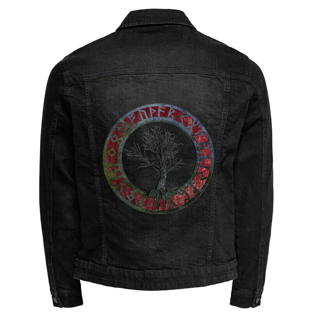 Viking Style Denim Jacket - Viking Norse Mythology Yggdrasil Vegvisir