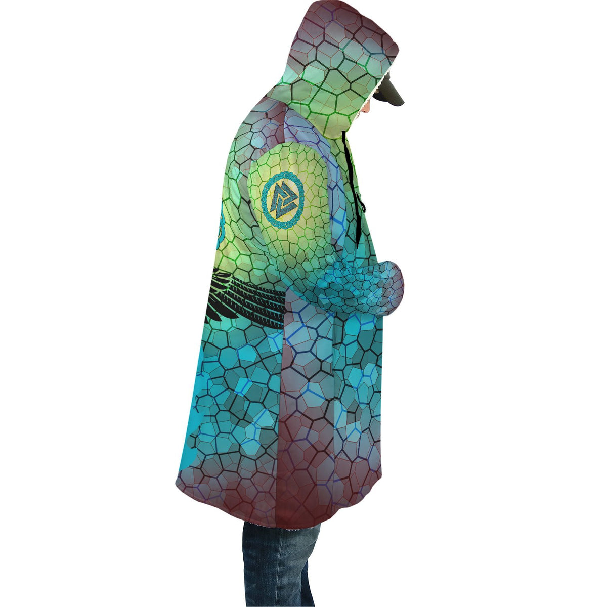 Viking Style Cloak Raven Of Odin And Drakkar On Fire On Vignette Cyan