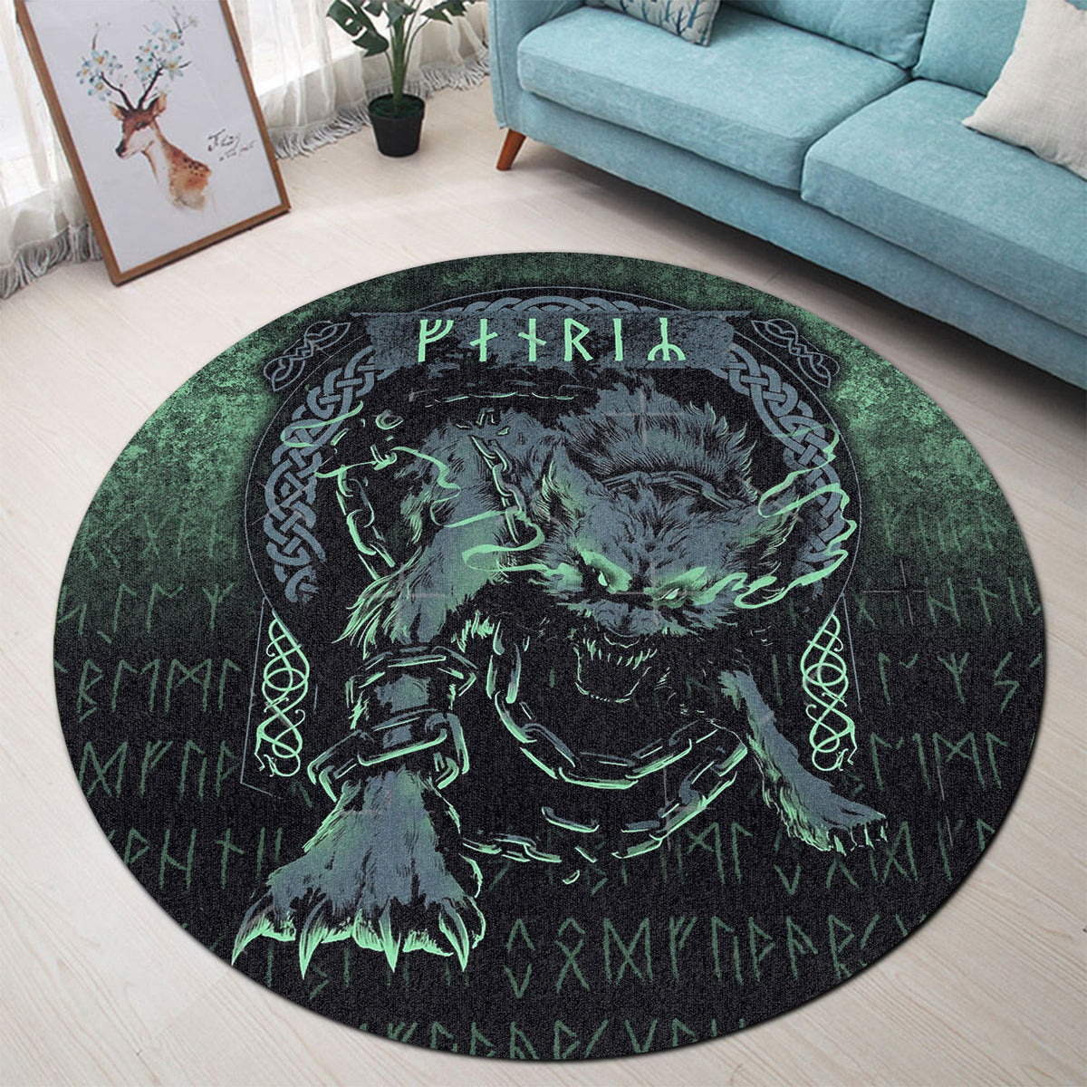 VikingStyle Round Carpet - Fenrir Wolf Norse Futhark Runes Viking Myth ...