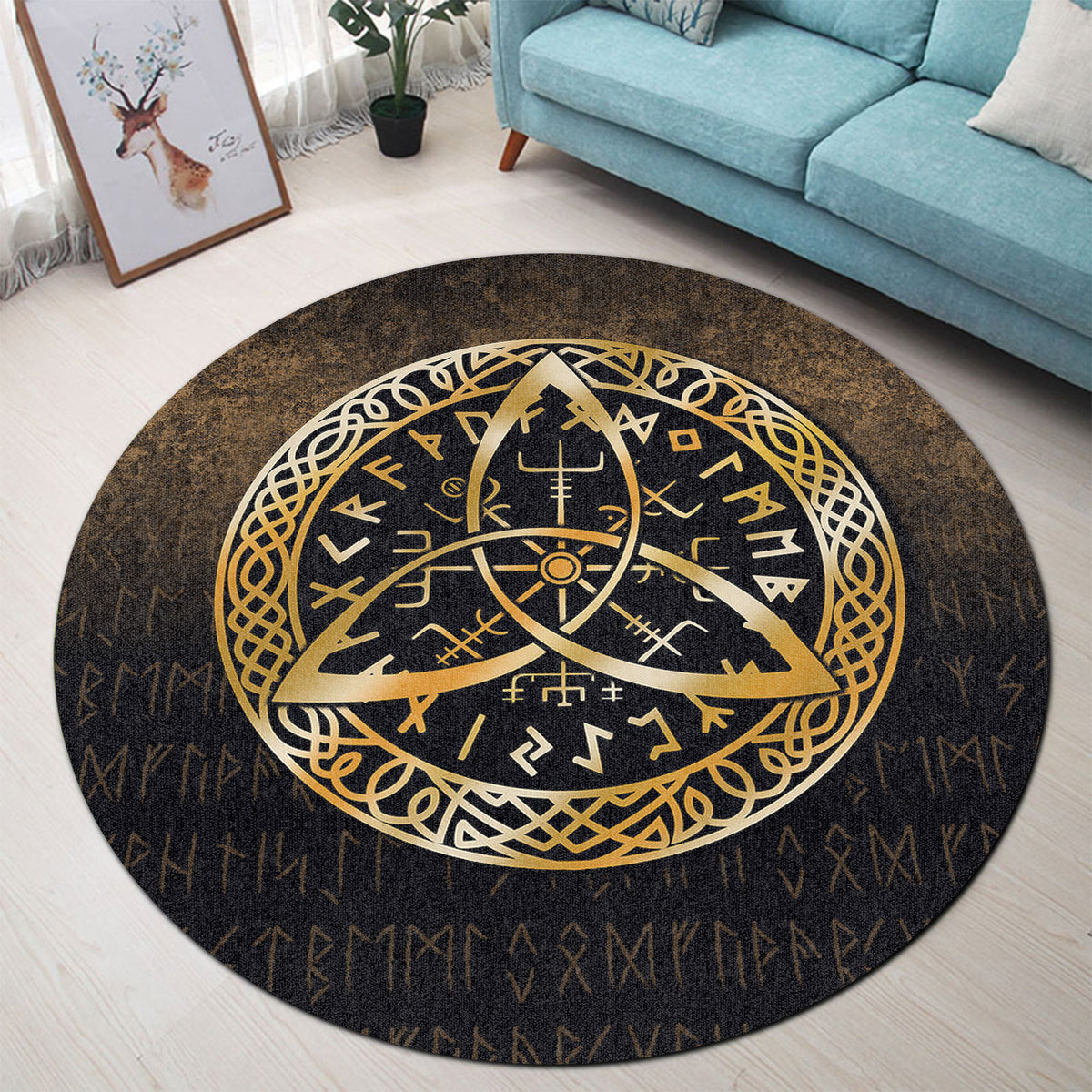 VikingStyle Round Carpet - Vegvisir Nordic Viking Rune - Gold Version ...